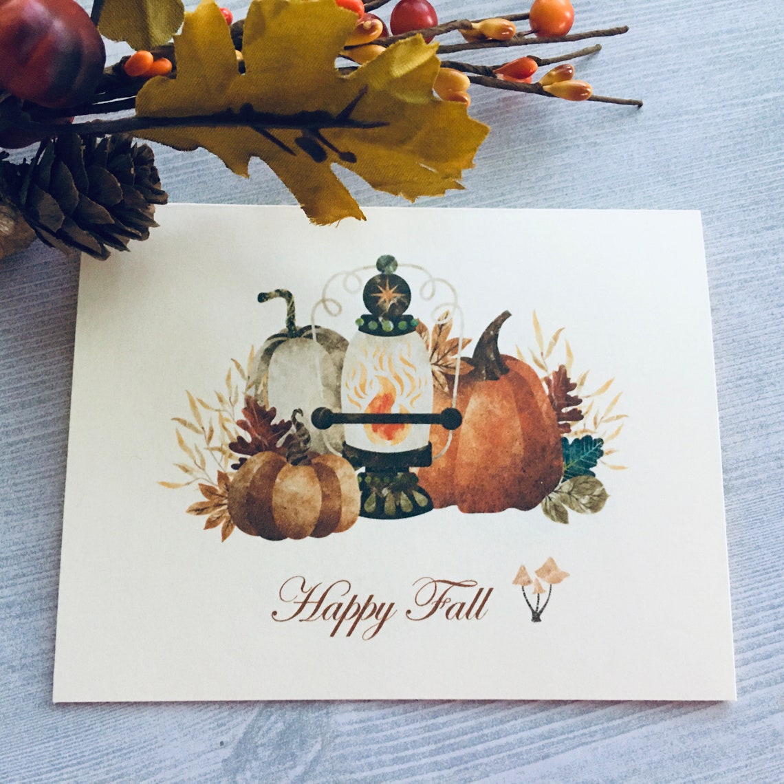 Watercolor Fall Card With Pumpkins and Lantern, Card, Happy Fall Card ...