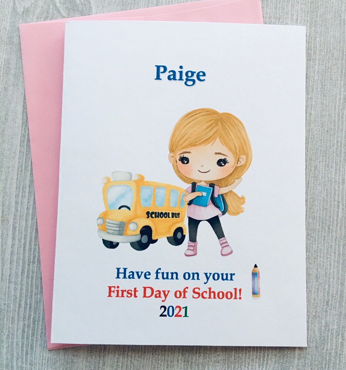 Personalized Back to School Card for Girl, CHOOSE Hair or Skin Color ...
