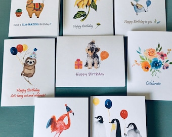 Birthday Card Set, Animal Greeting Cards, Watercolor Cards - Etsy
