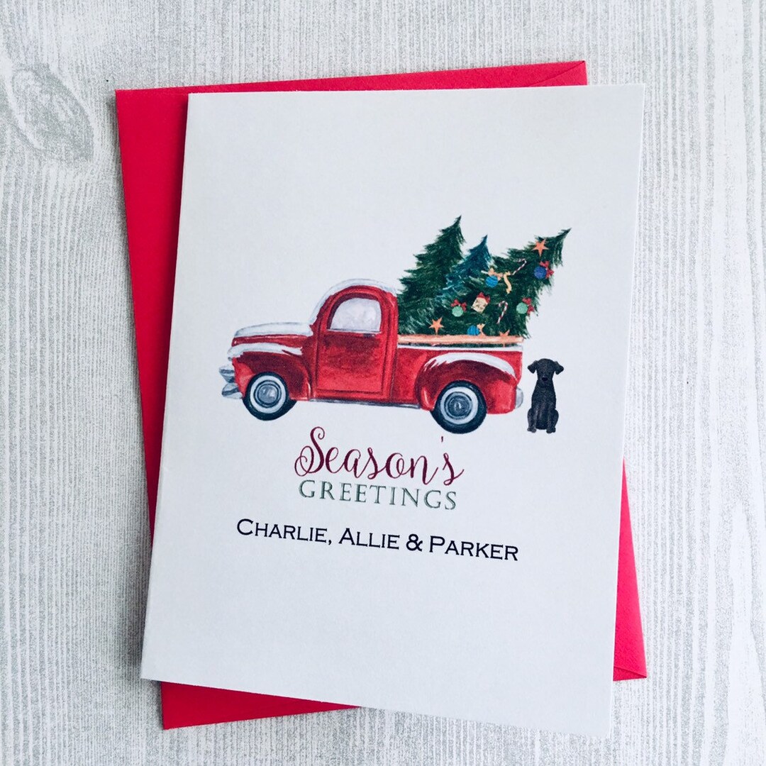 Red Truck Christmas Card, Personalized Christmas Cards, Watercolor ...
