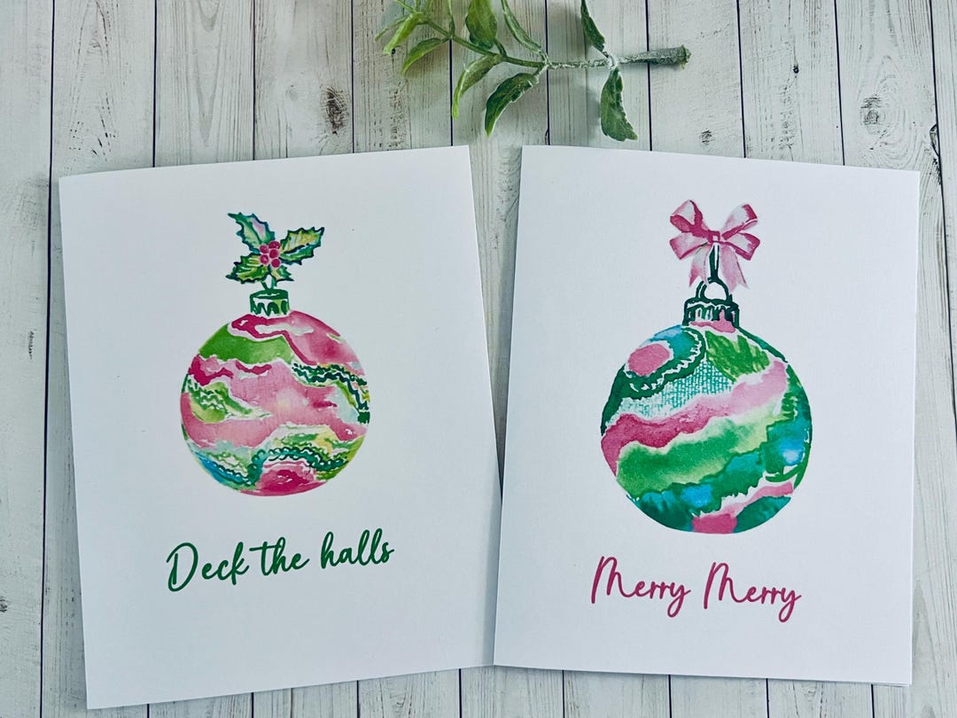Preppy Ornaments Christmas Cards, Personalized Christmas Cards, Pink ...