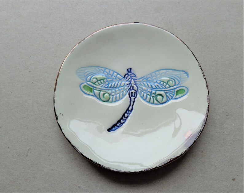 Dragonfly small ceramic dish blue insect whimsy pottery ring | Etsy