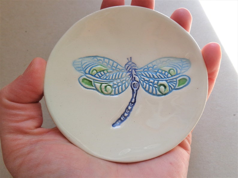 Dragonfly small ceramic dish blue insect whimsy pottery ring | Etsy