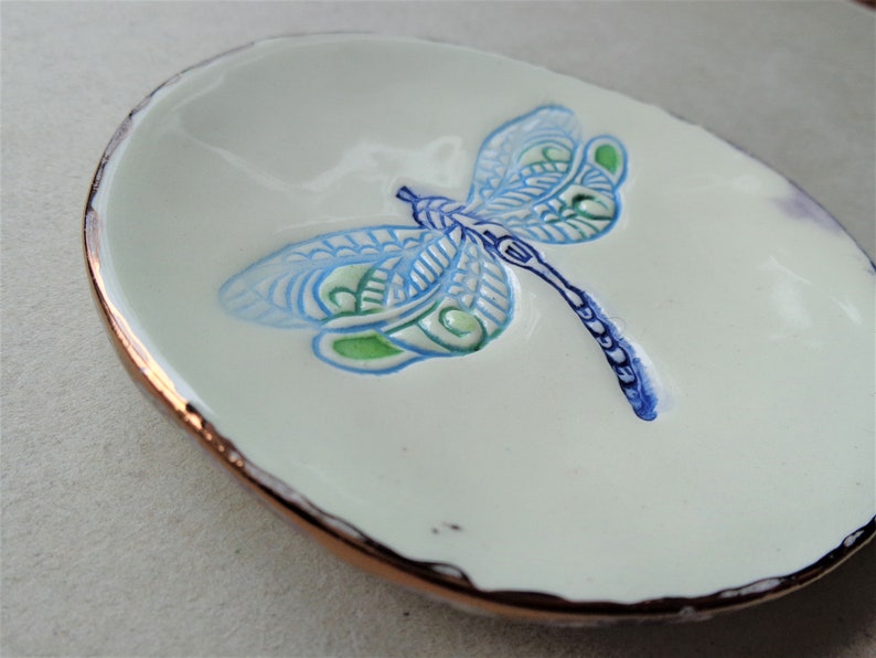 Dragonfly small ceramic dish blue insect whimsy pottery ring | Etsy