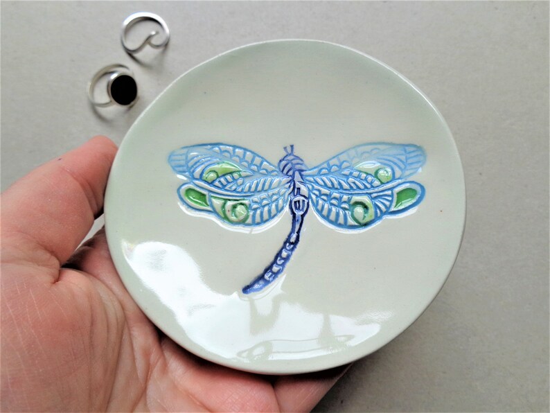 Dragonfly small ceramic dish blue insect whimsy pottery ring | Etsy
