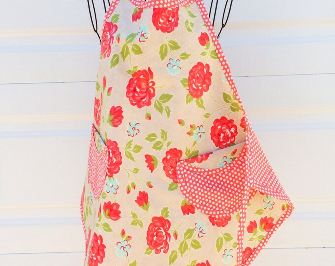 Apron - Laminated Cotton Apron - Bright Coral and Floral Reversible ...
