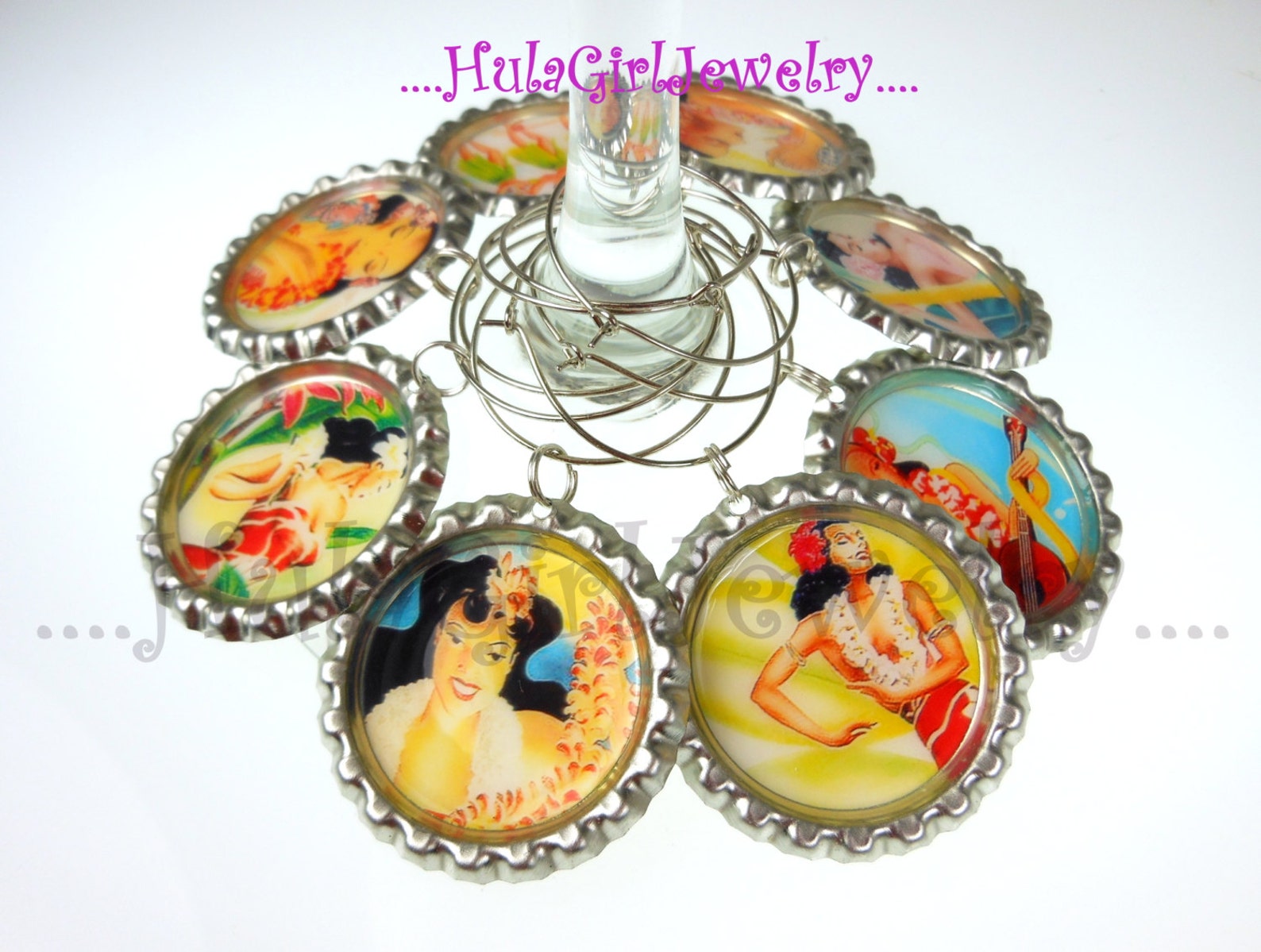 Vintage Hawaiian Hula Girls, Fun, Drink, Luau Party, Wine Charms, Set ...