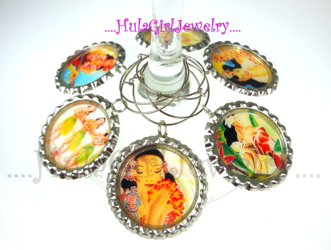 Vintage Hawaiian Hula Girls, Fun, Drink, Luau Party, Wine Charms, Set ...