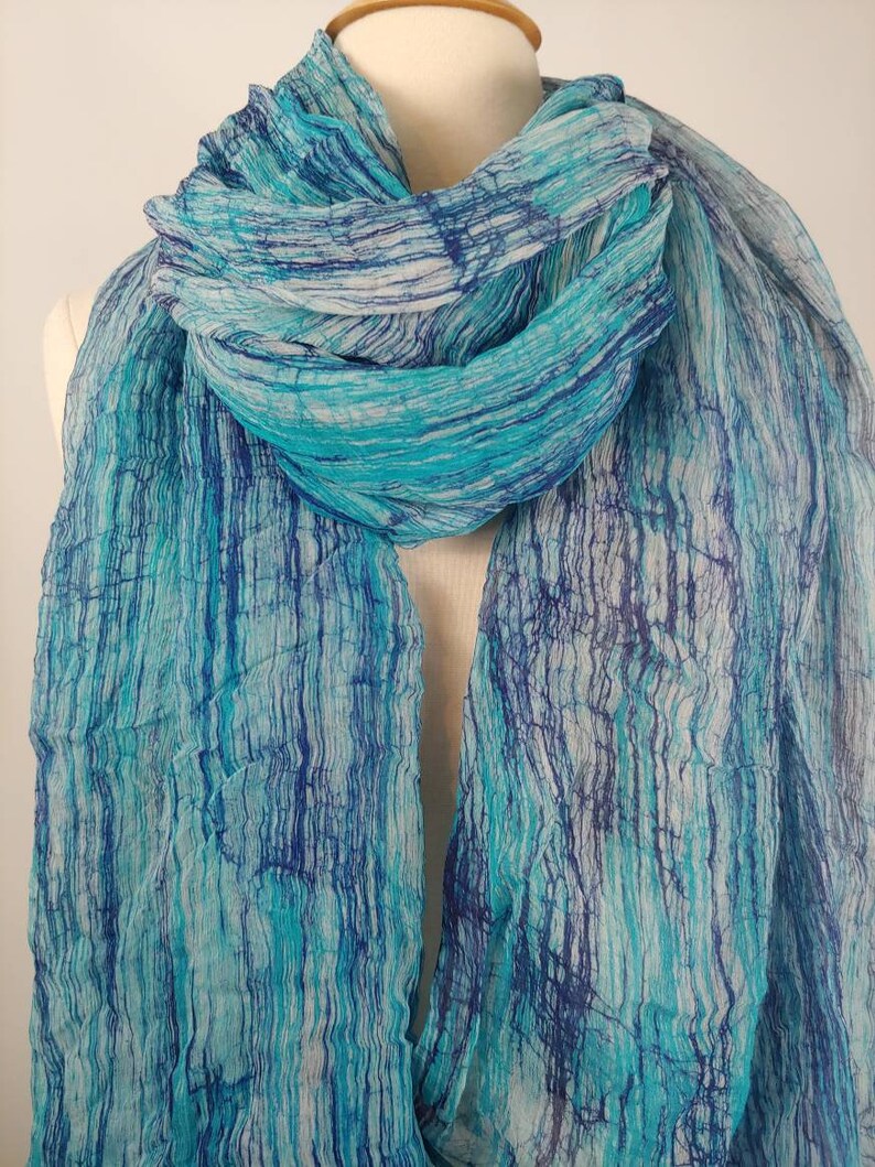 Sheer Silk Batik Shawl Ocean, Blue N White Shaded Wrap, Striped Scarf ...