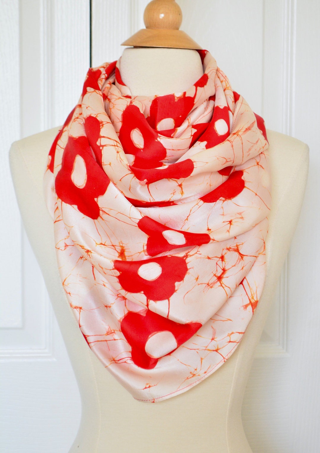 Silk Scarf Red & White Floral Scarf Gift for Her Hand - Etsy