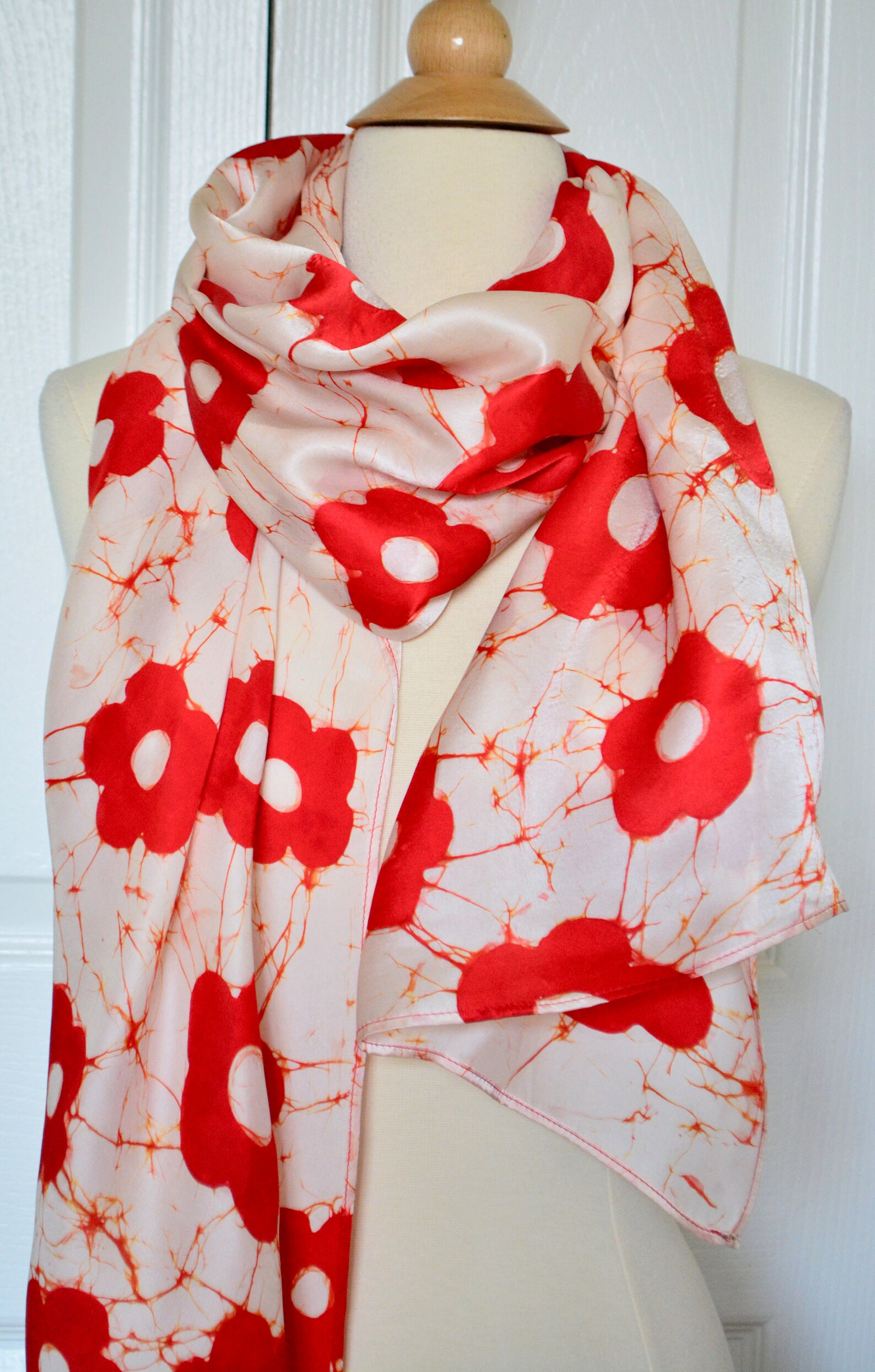 Silk Scarf Red & White, Floral Scarf, Gift for Her, Hand Painted Red ...
