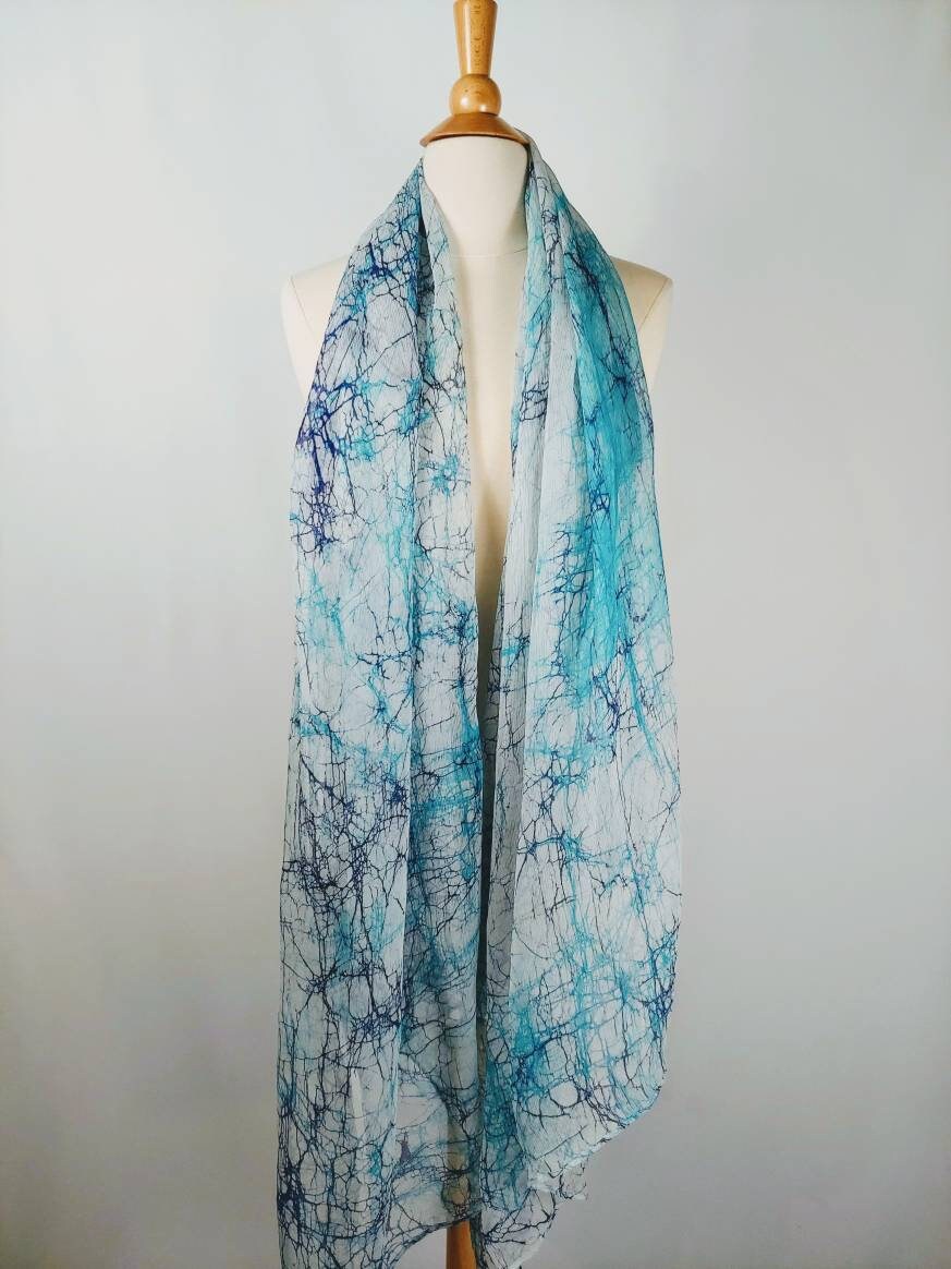 Blue Sheer Silk Batik Scarf Blue White Shaded Wrap Silk - Etsy