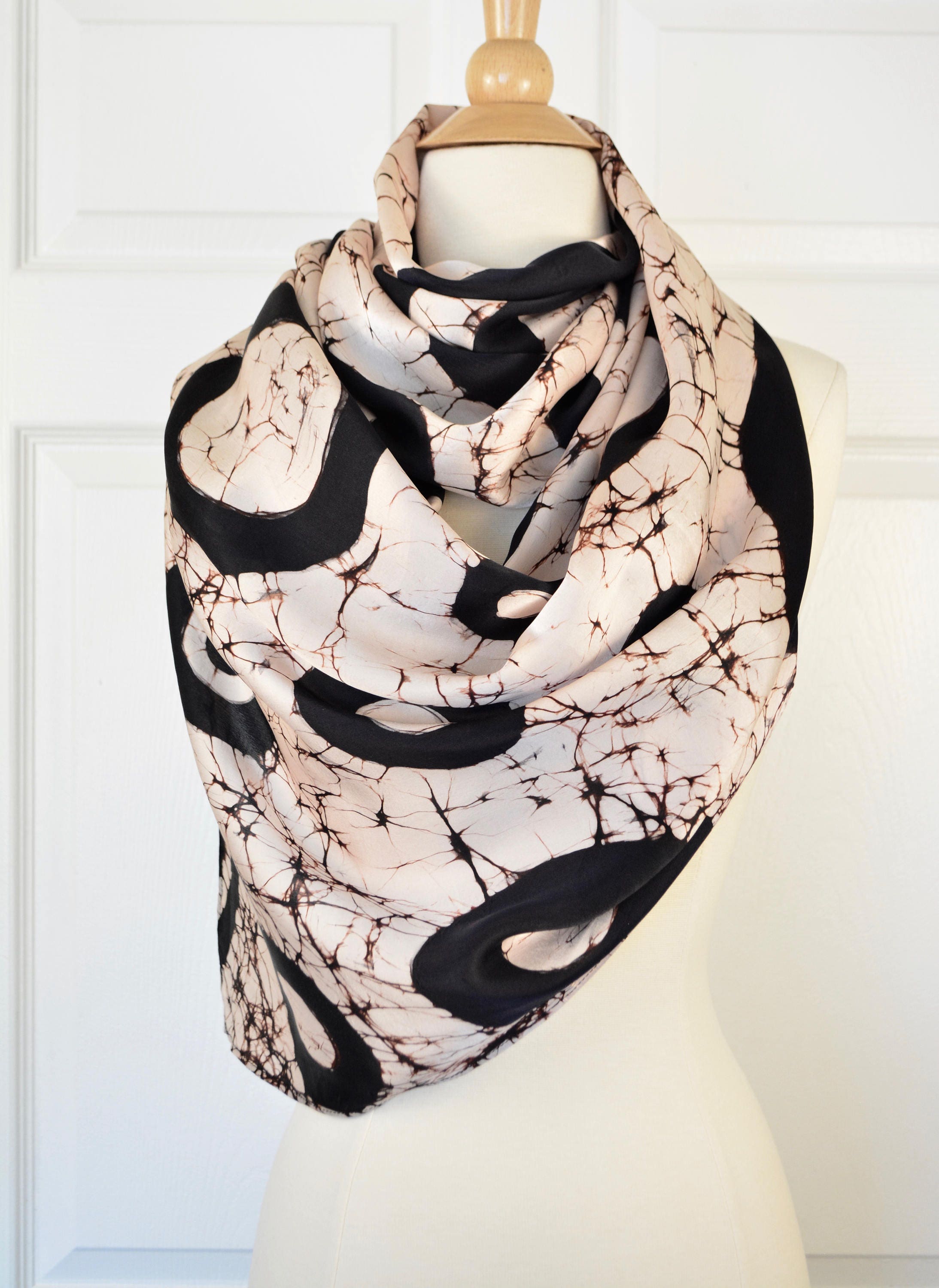 Silk Batik Scarf, Hand Made Silk Scarf, Black & White Silk Scarf, Gift ...