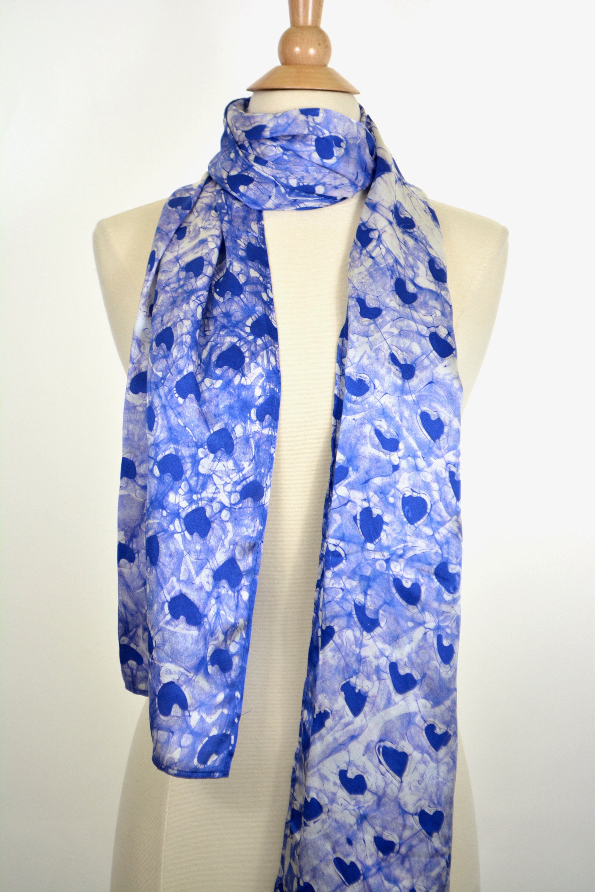 Batik Silk Scarf,valentine's Blue Silk Scarf, Silk Heart Print Scarf ...