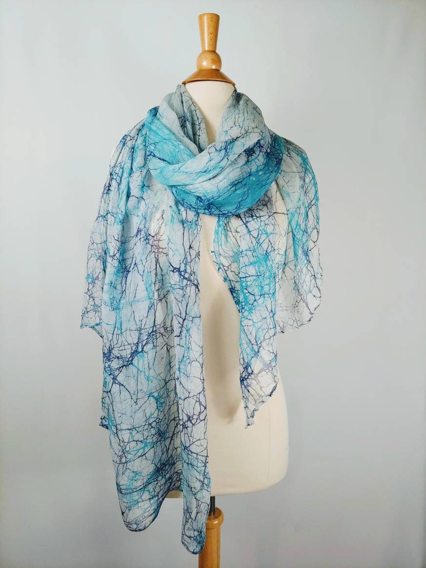 Blue Sheer Silk Batik Scarf Blue White Shaded Wrap Silk - Etsy