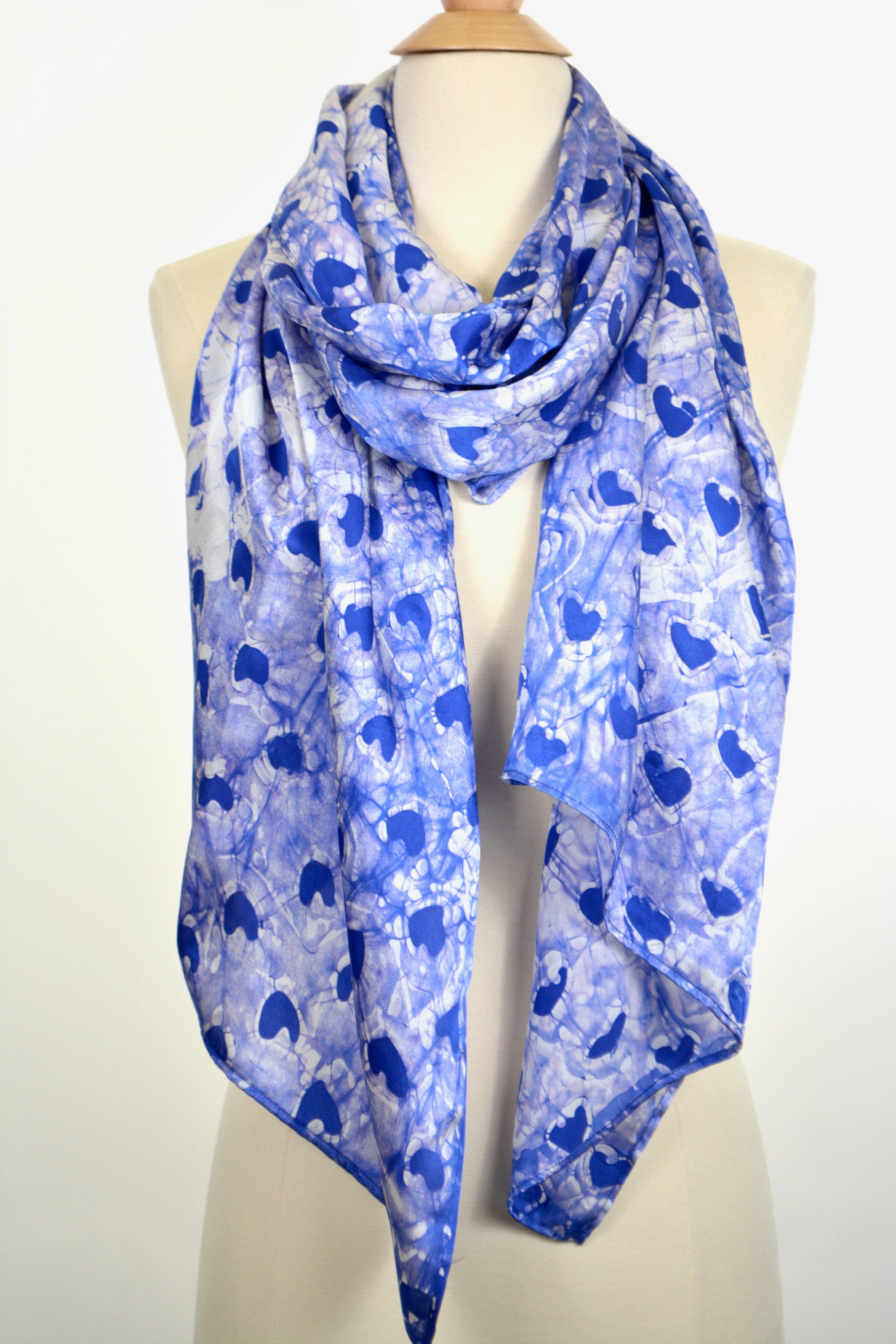 Batik Silk Scarf,valentine's Blue Silk Scarf, Silk Heart Print Scarf ...