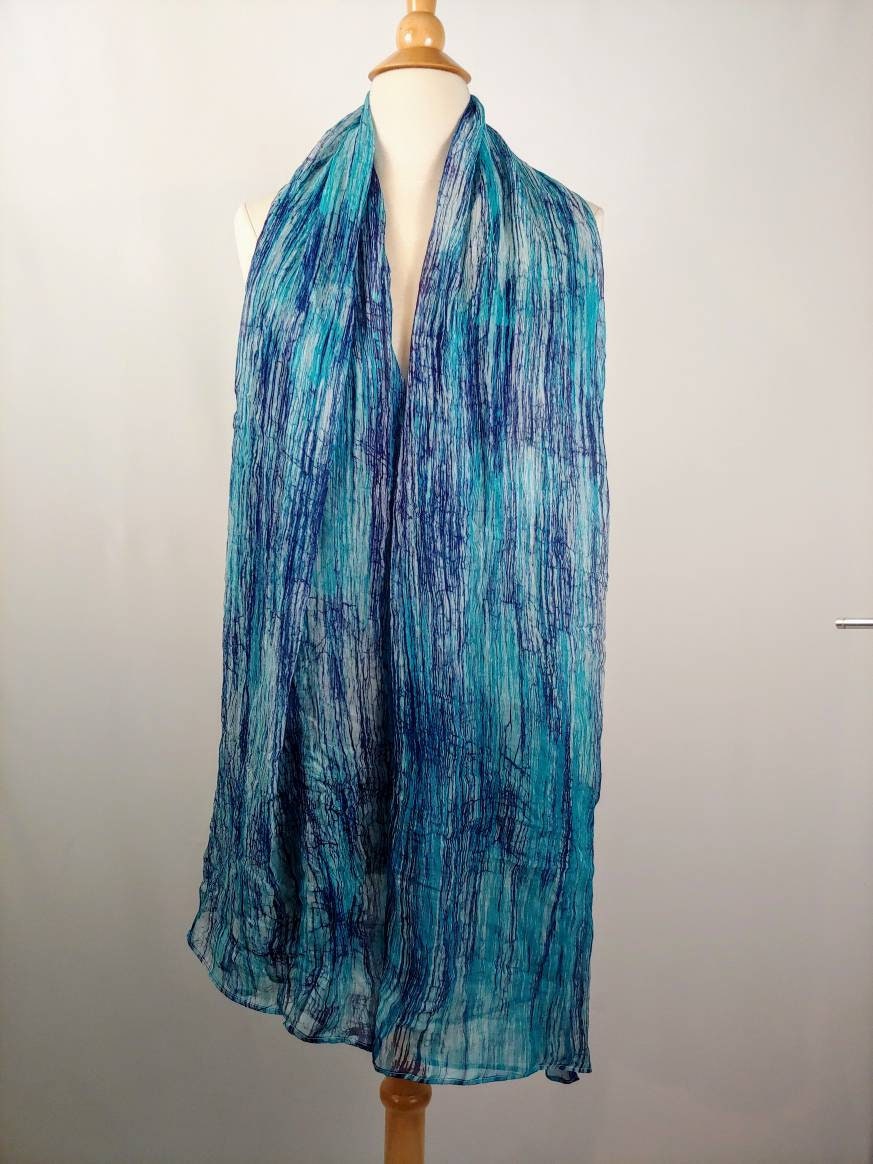 Sheer Silk Batik Shawl Ocean, Blue N White Shaded Wrap, Striped Scarf ...