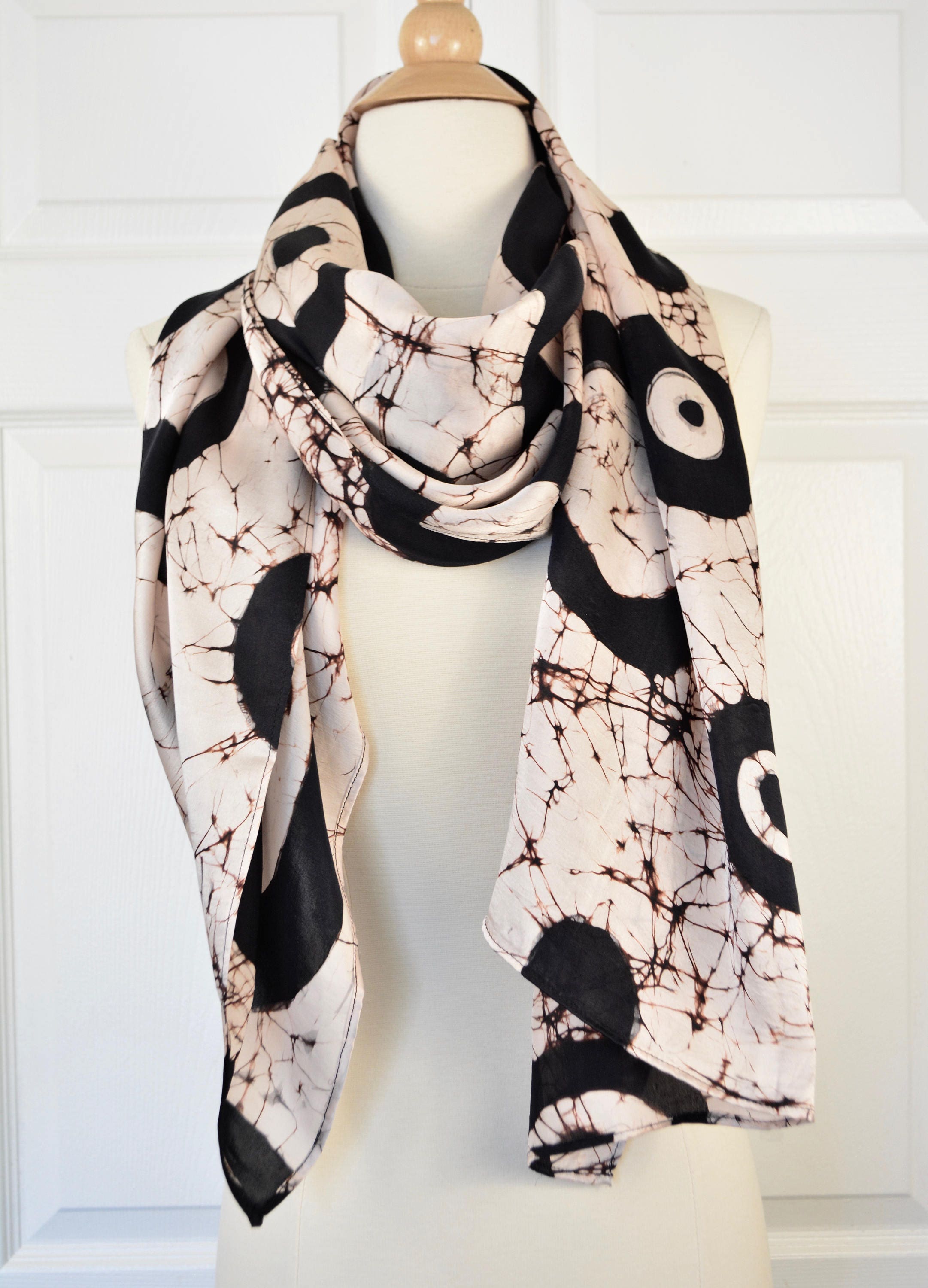 Silk Batik Scarf, Hand Made Silk Scarf, Black & White Silk Scarf, Gift ...