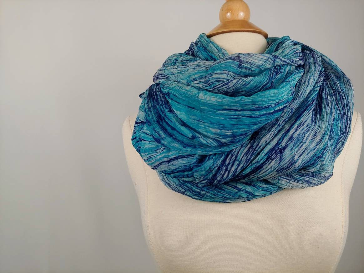 Sheer Silk Batik Shawl Ocean, Blue N White Shaded Wrap, Striped Scarf ...