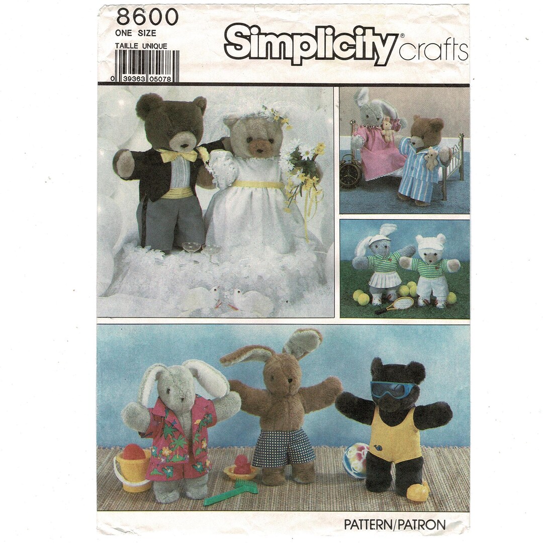 UNCUT Simplicity 8600 Sewing Pattern, Bunny & Bear Doll Clothes for 15 X 16 Inch Stuffed Animals ...