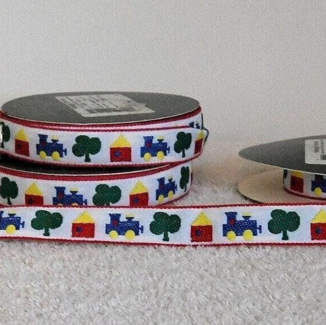 Kid's Train, House & Tree Embroidered Ribbon Trim in Primary Colors ...