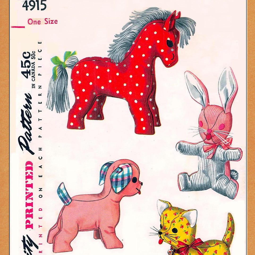 UNCUT Stuffed Animal Toys Sewing Pattern: Bunny, Cat, Dog, Horse ...