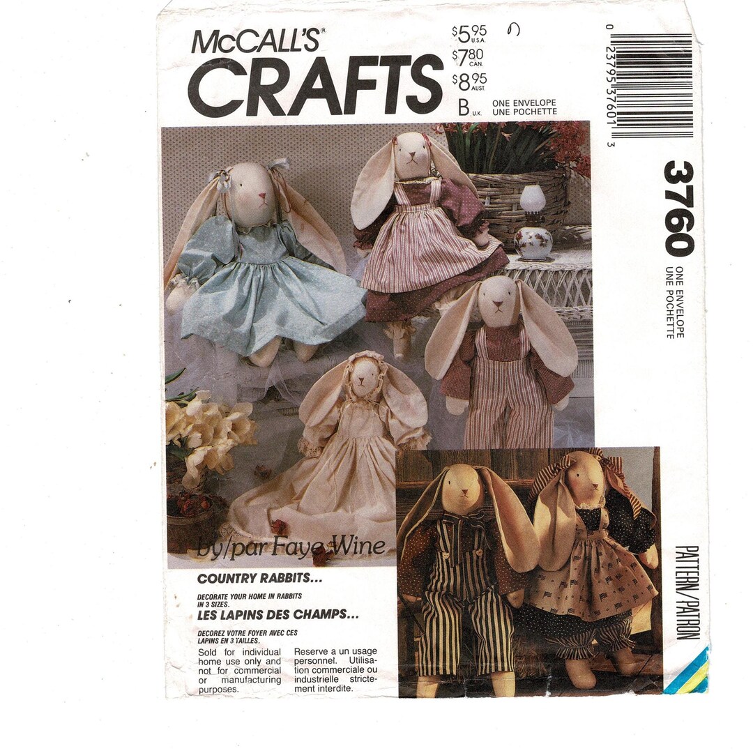 UNCUT Mccalls 3760 Stuffed Animal BUNNY Rabbit Sewing Pattern, 25 20 14 Inch Toy & Country Doll ...