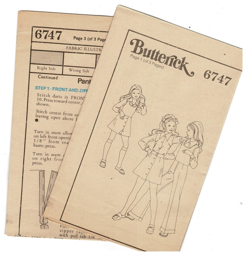1970s Butterick 6747 Girls Sewing Pattern: Bell Bottoms Pants, Mini ...