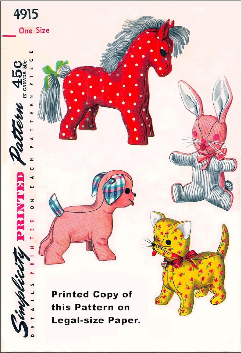 UNCUT Stuffed Animal Toys Sewing Pattern: Horse, Bunny, Puppy, Cat ...