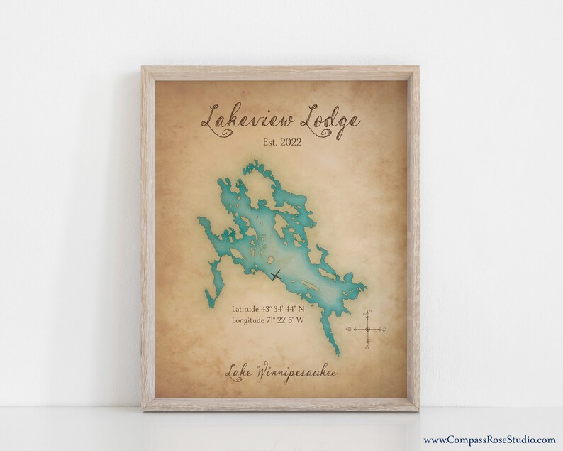 Personalized Lake Map, Custom Lake Art, Vacation Home Decor, Watercolor ...