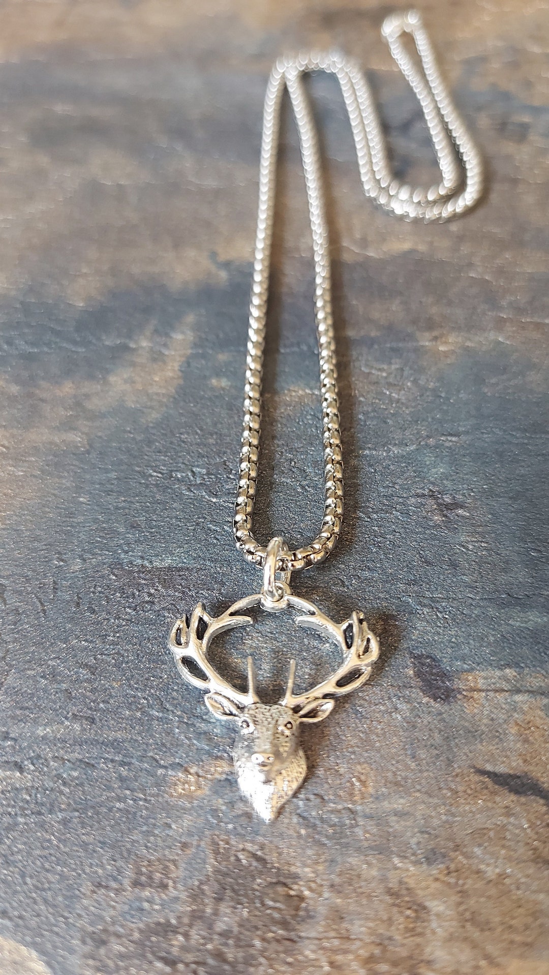 Men's Stag Pendant Necklace: Silver Plated Deer, Stainless Steel Chain ...