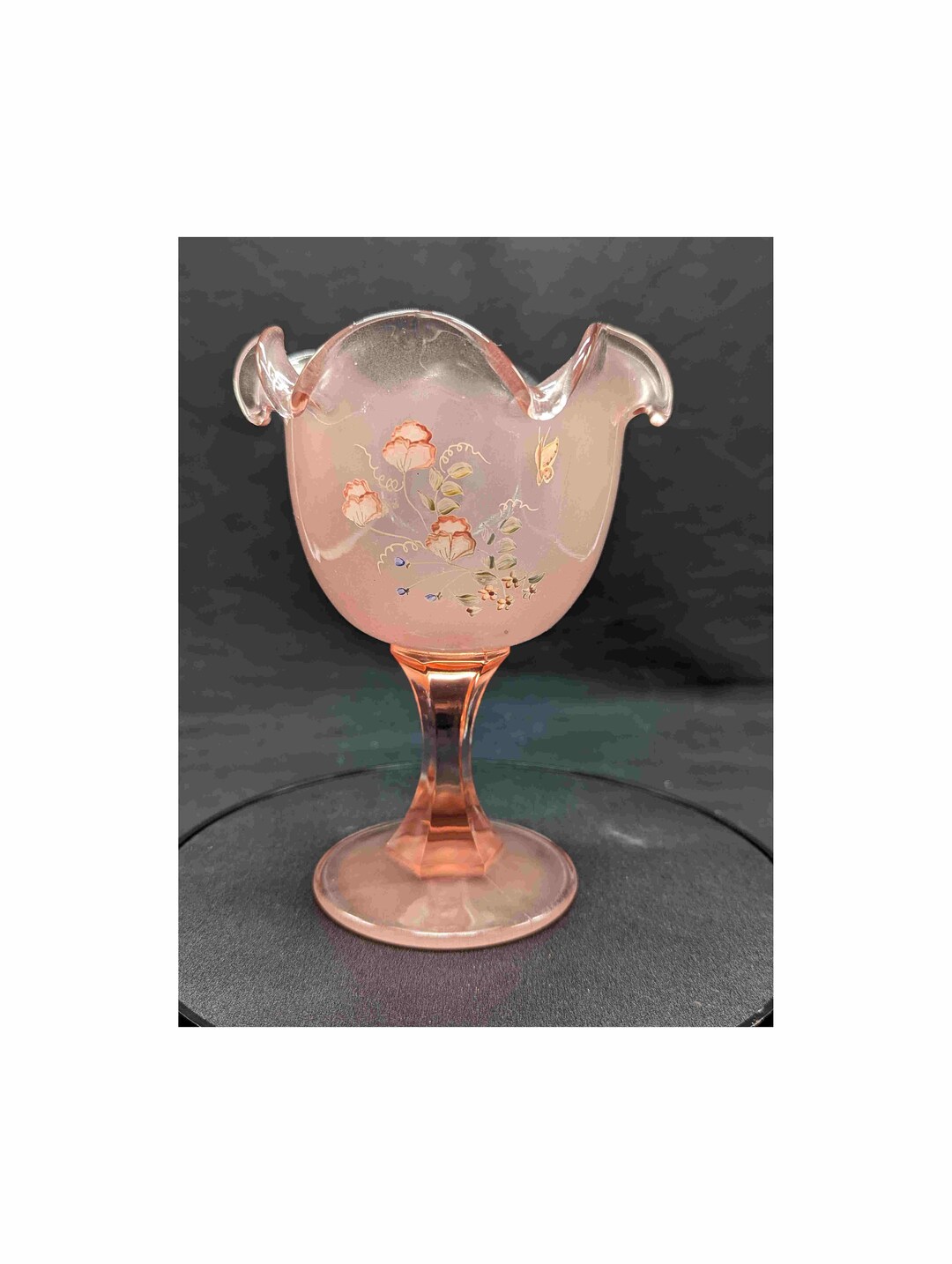 Fenton Frosted Stemmed Hand Painted Pink Compote. Ruffled Edge Fenton ...