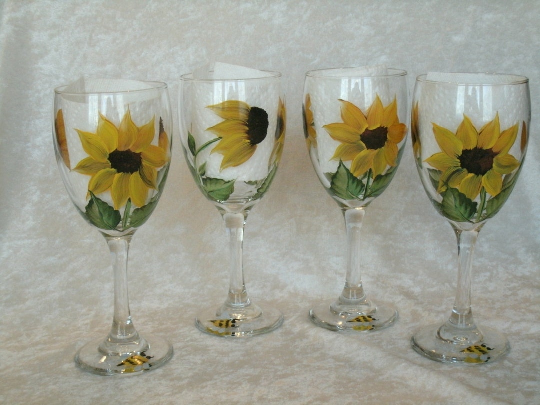 SUNFLOWER WINE GLASSES, Set of Four - Etsy
