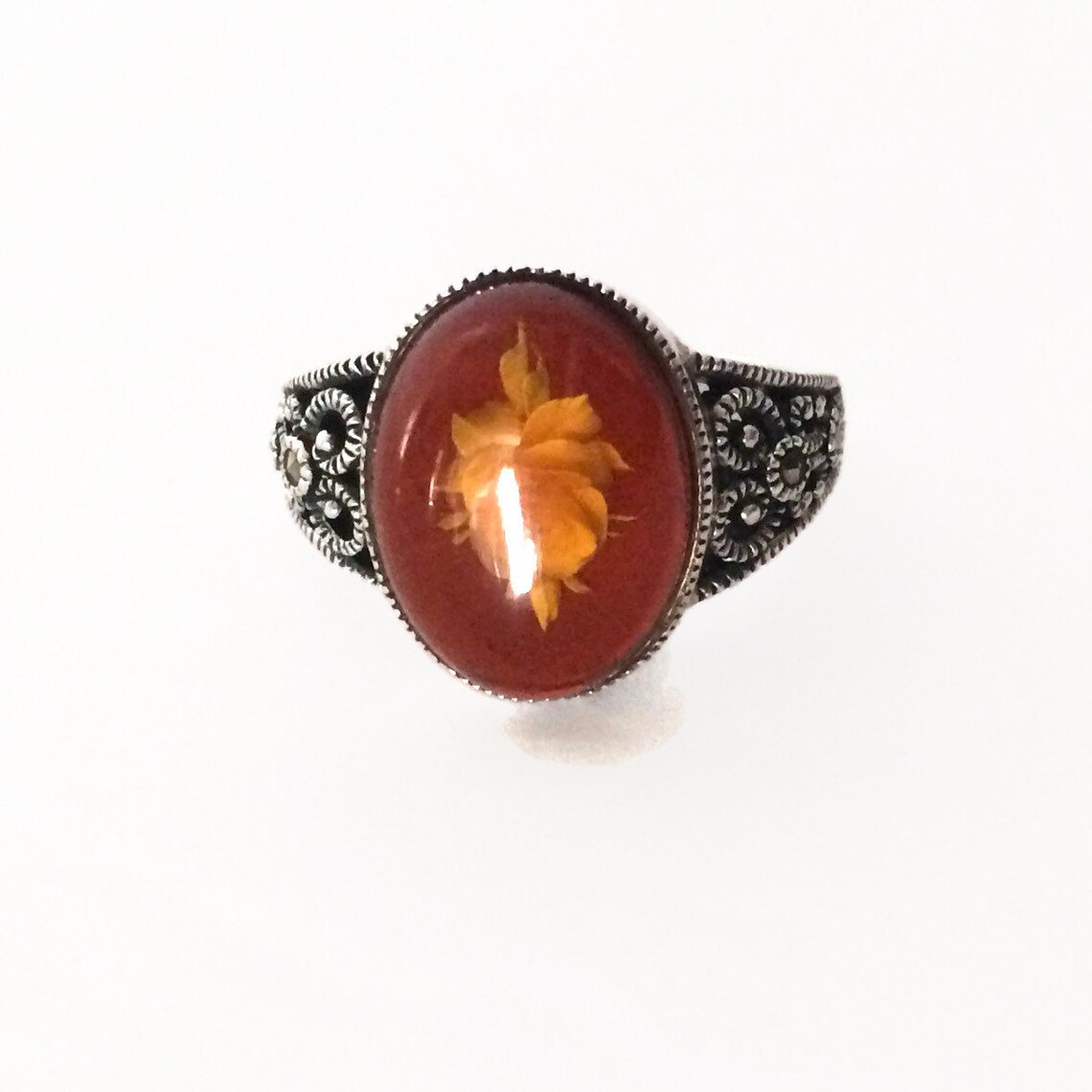 Vintage Amber Ring Sterling Silver Marcasite Size 8 - Etsy