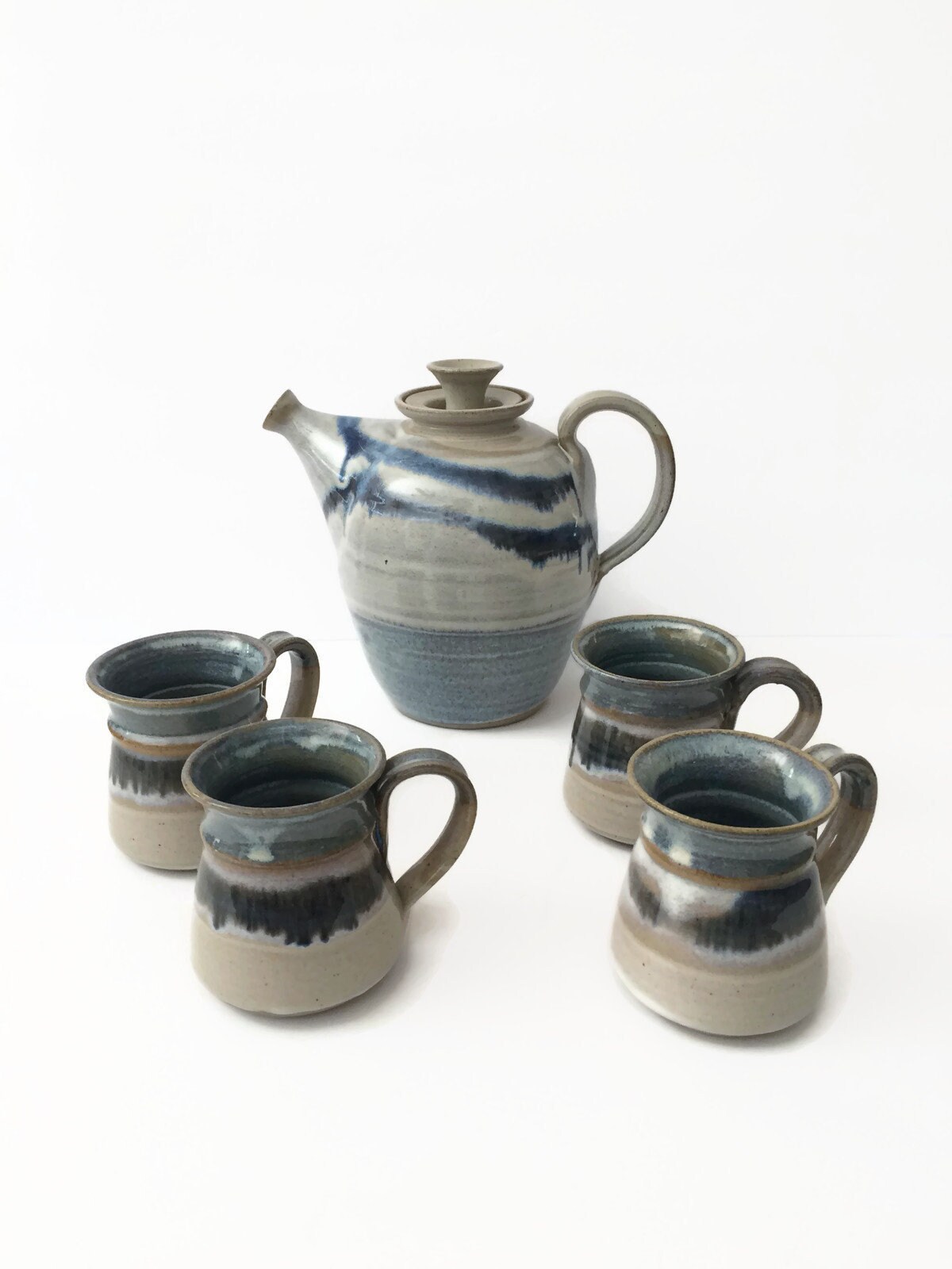 Vintage Signed Studio Pottery Blue Drip Glaze Stoneware Handmade Coffee ...
