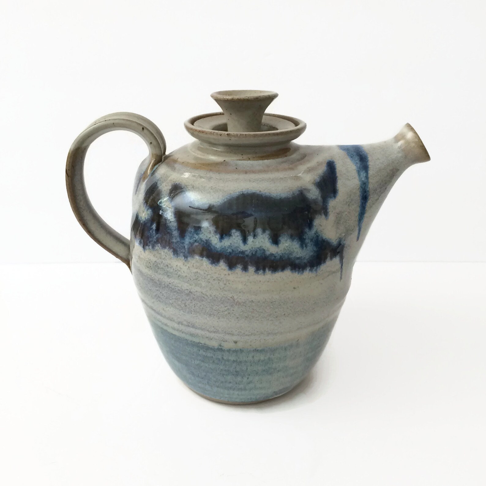 Vintage Signed Studio Pottery Blue Drip Glaze Stoneware Handmade Coffee ...
