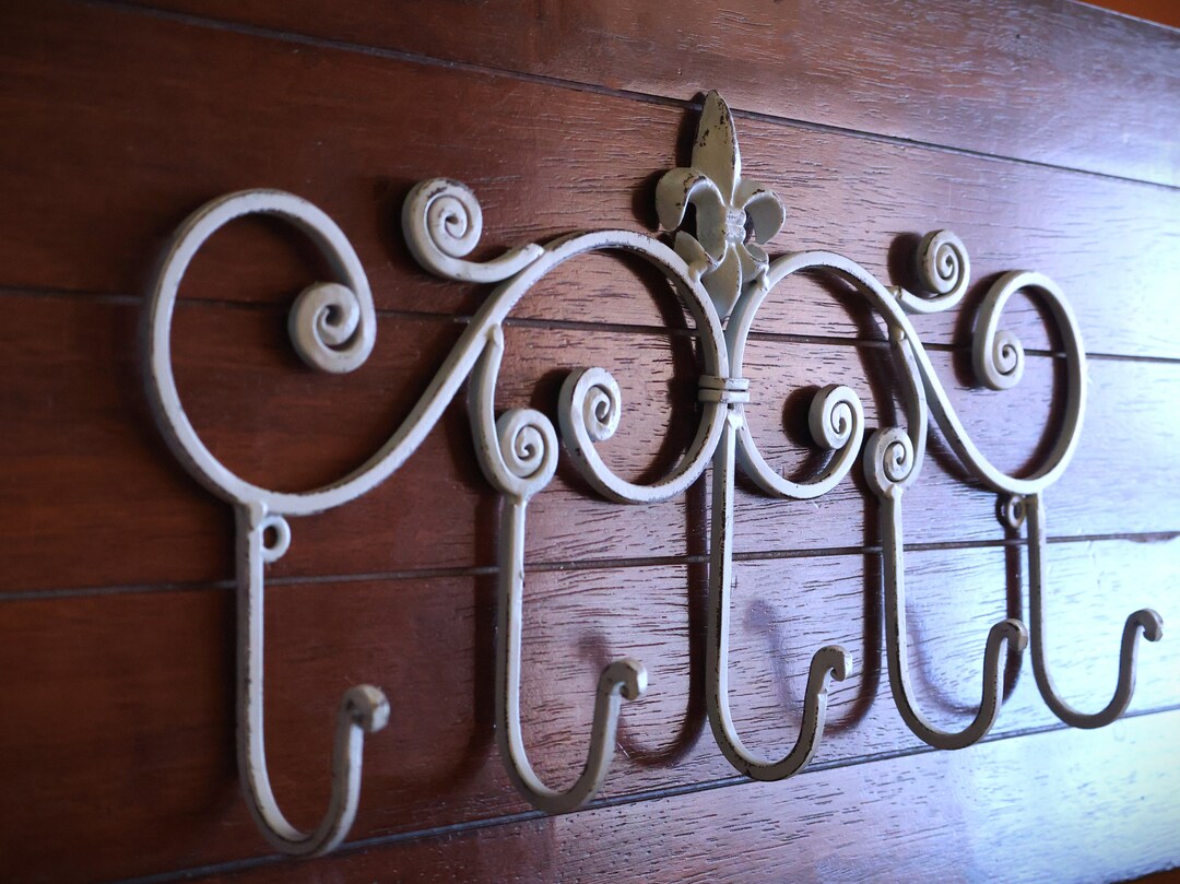 Wrought Iron Large Hook Rack With Fleur De Lis Accent, Pale Blue ...