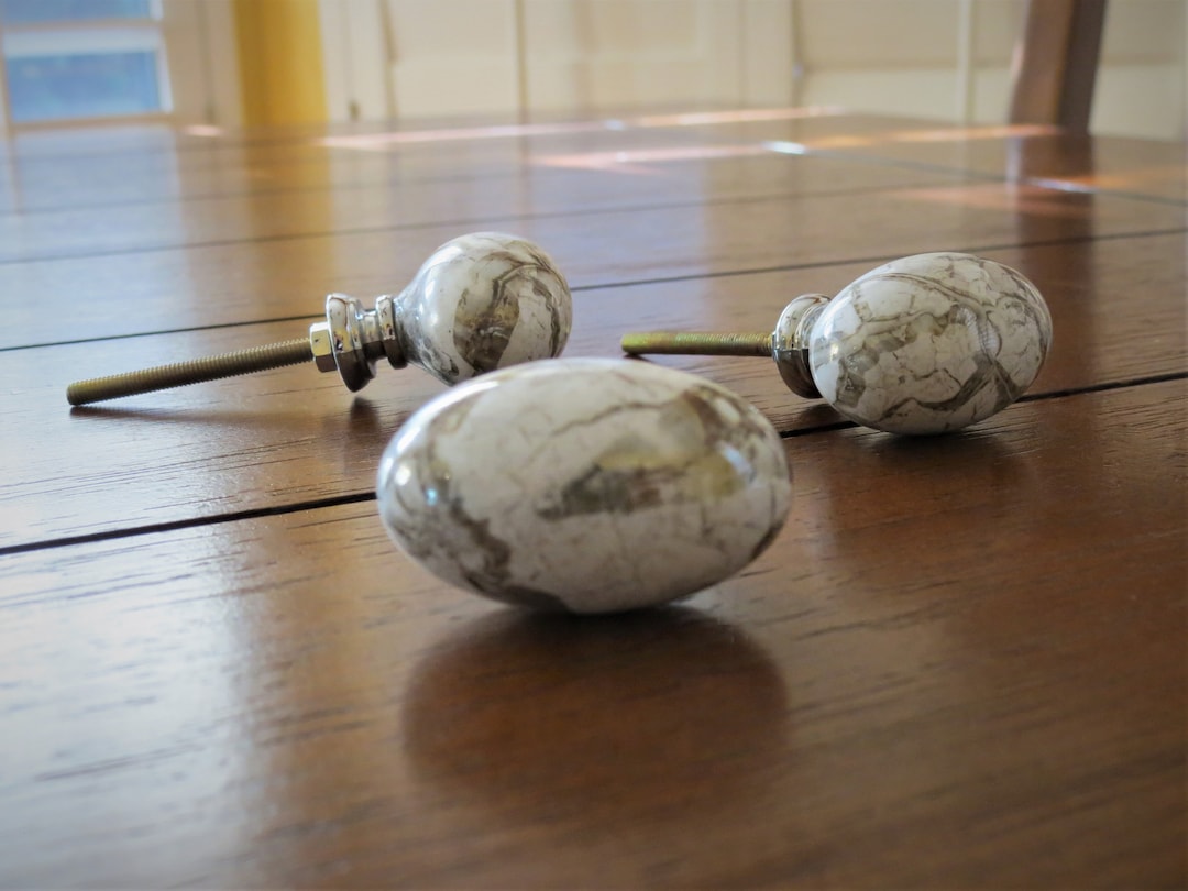 Marble-like Ceramic Knob / Dresser Cabinet Drawer Door Hardware / Desk Pull / Oval White and ...