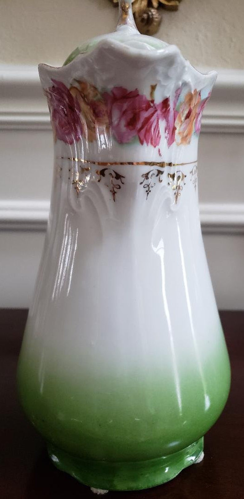 Chocolate/tea Pot* White Wgreen Shading Pink Roses*german*coffee Pot ...