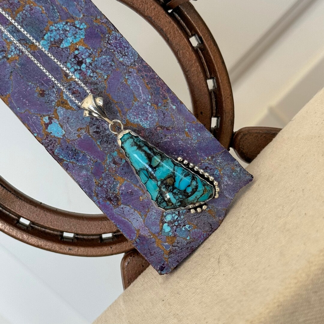 Elegant Compressed Blue Turquoise Pendant Necklace | Handmade Sterling ...
