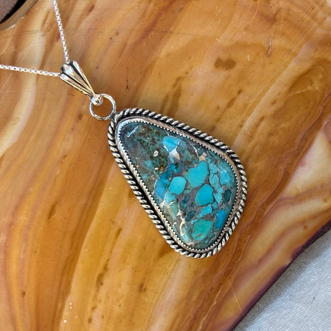 Handcrafted Sterling Silver Compressed Blue Kingman Turquoise Pendant ...