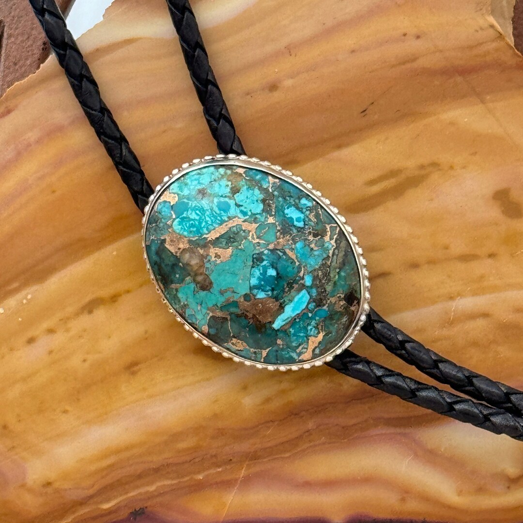 Compressed Teal Turquoise Bolo Tie for Men & Women Sterling Silver ...
