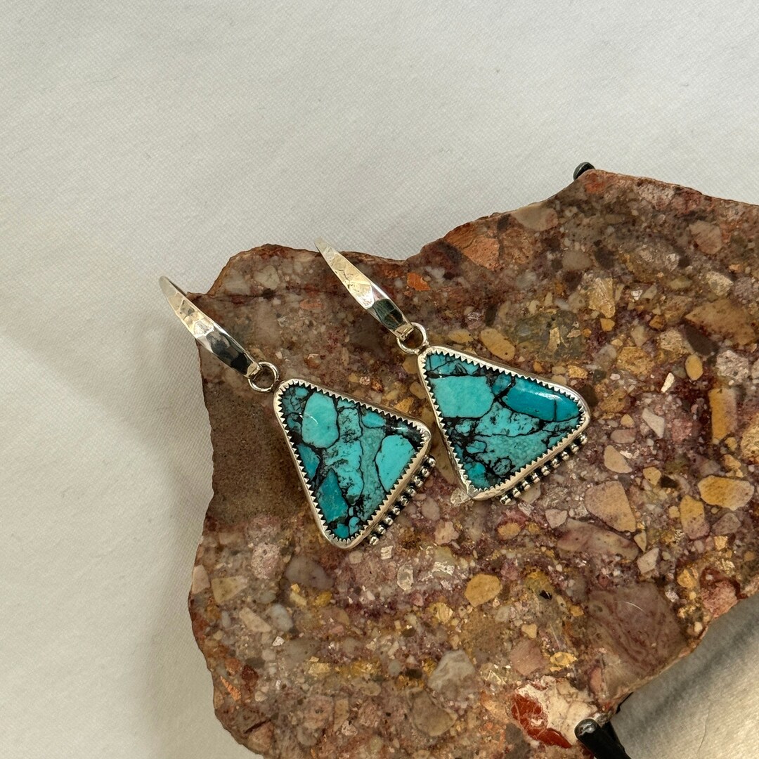 Handmade, Compressed Blue Turquoise Dangle Earrings for Women Sterling ...