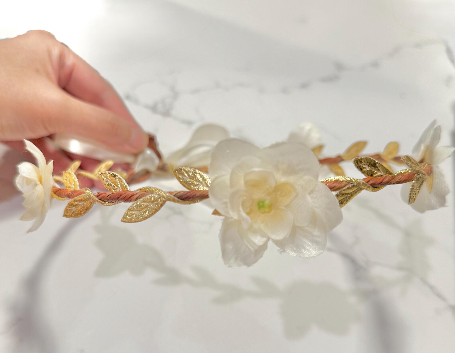 Floressence: Rustic Ivory Flowers Gold Satin Leaves Head Wreath Crown ...