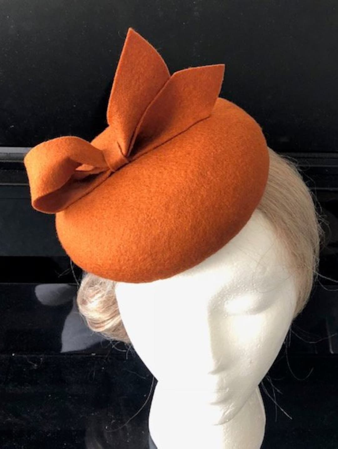 100% Merino Wool Fascinator Hat - Rust, Burnt Orange Bow Hat, Pillbox ...