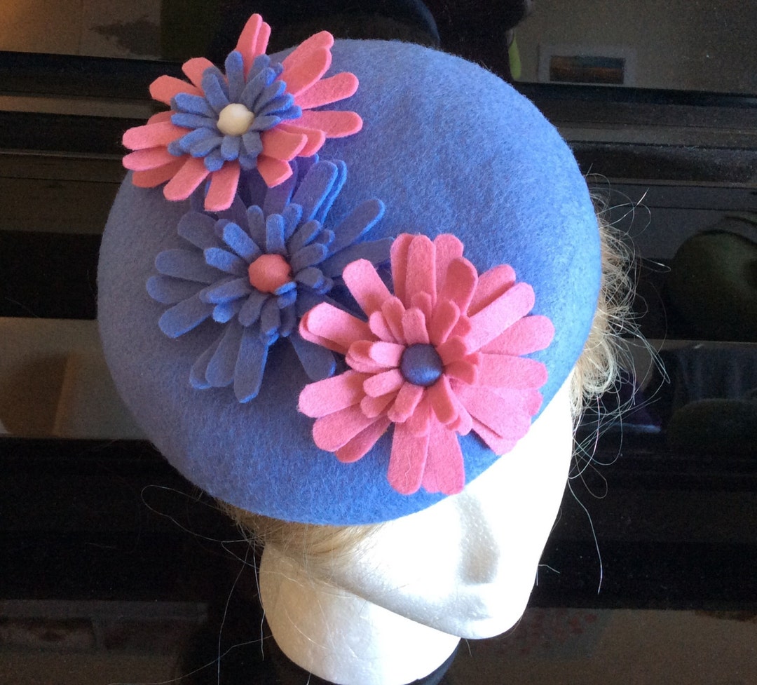 SALE - Wool Fascinator Hat - Periwinkle Pink Daisy Flowers Hat, Pillbox ...