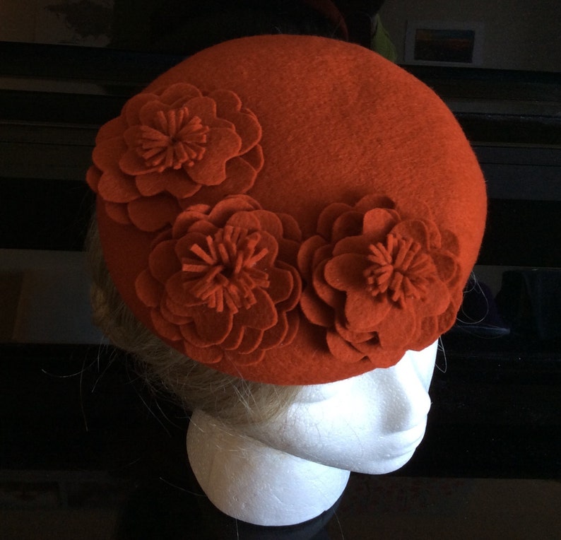 100% Merino Wool Fascinator Hat Brick Red Orange Flower Hat, Pillbox ...