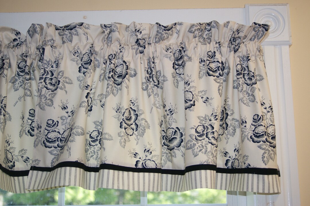 Black Beige Gray Floral Valance Windham Fabrics 17" X 44" Curtain ...