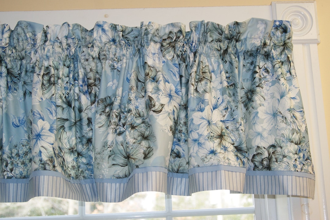 Blue White Floral Valance 17x44 – QT Fabrics Curtain – Black Pale Blue ...