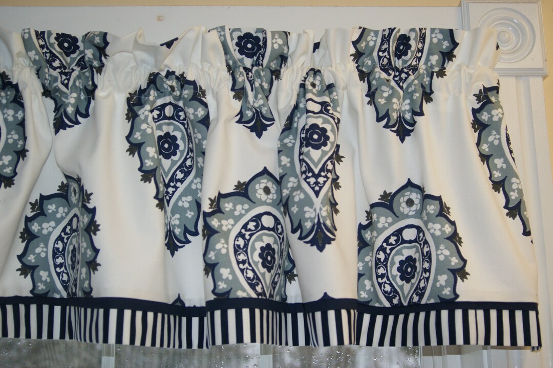 Blue Gray Slate Green Medallion Valance – 14"x54" White Window Topper ...